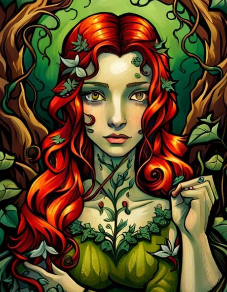 Beautiful red haired dryad with skin of moss and armor of bark and ivy ...