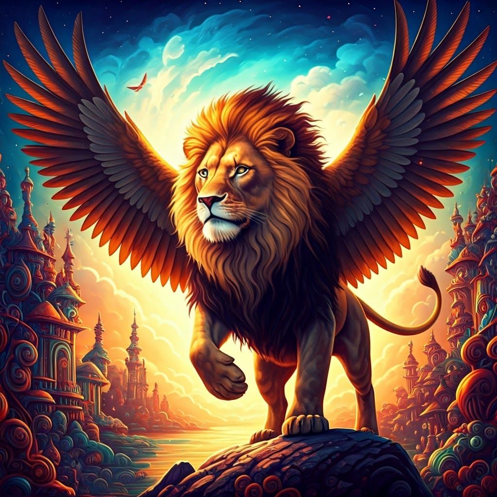 Surreal Lion Takes Flight in Whimsical Sky - AI Art