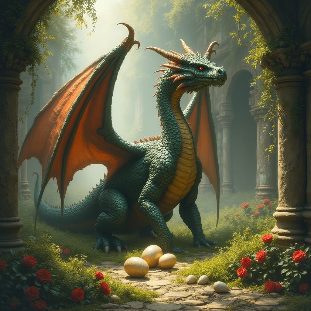 A big dragon protecting her eggs - Dragon Goddess Safeguards...