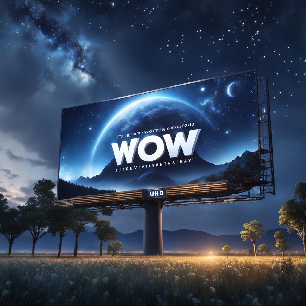 "Large centred billboard with the words written “(("WOW")) in a magical ...