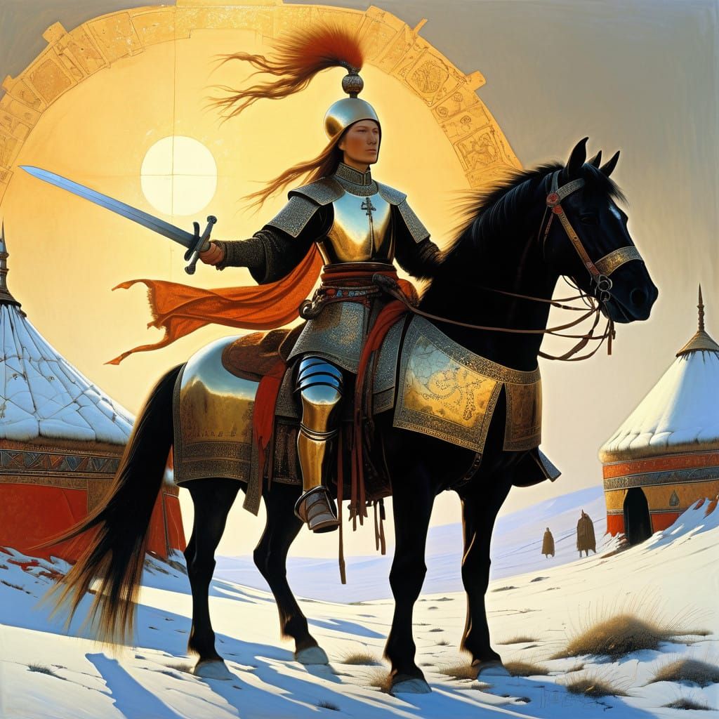 Cossack Warrior in Traditional Khazak Armor, Fanta... - AI Art