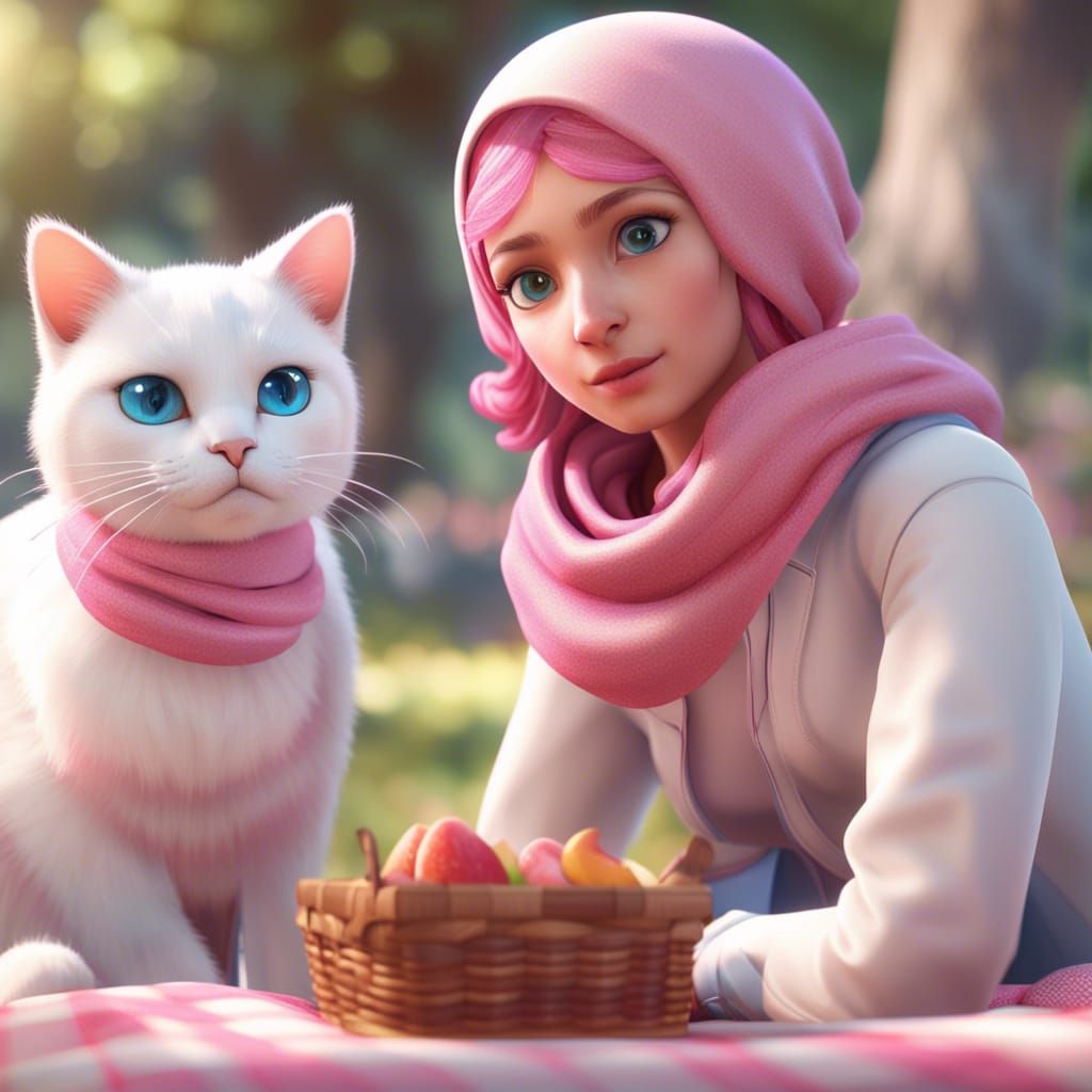 White cat with blue eyes wearing a pink hijab having a picnic with a pink curly haired girl - AI ...