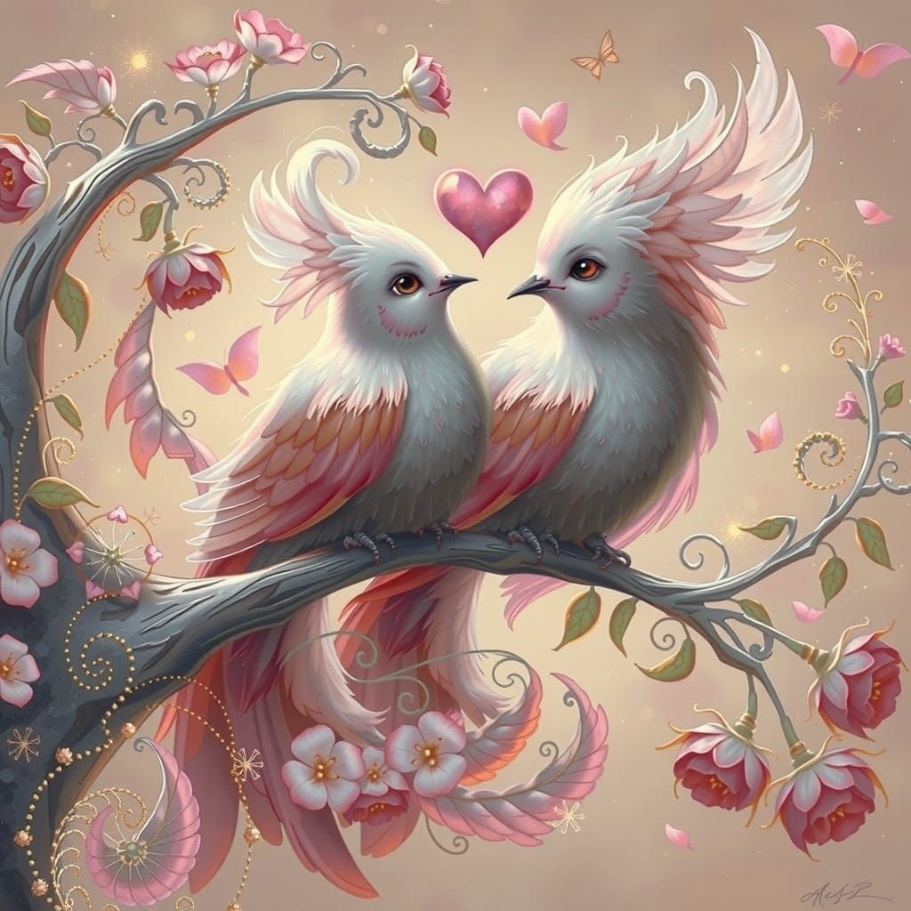 Two exquisite pink doves, adorned with soft, downy... - AI Art