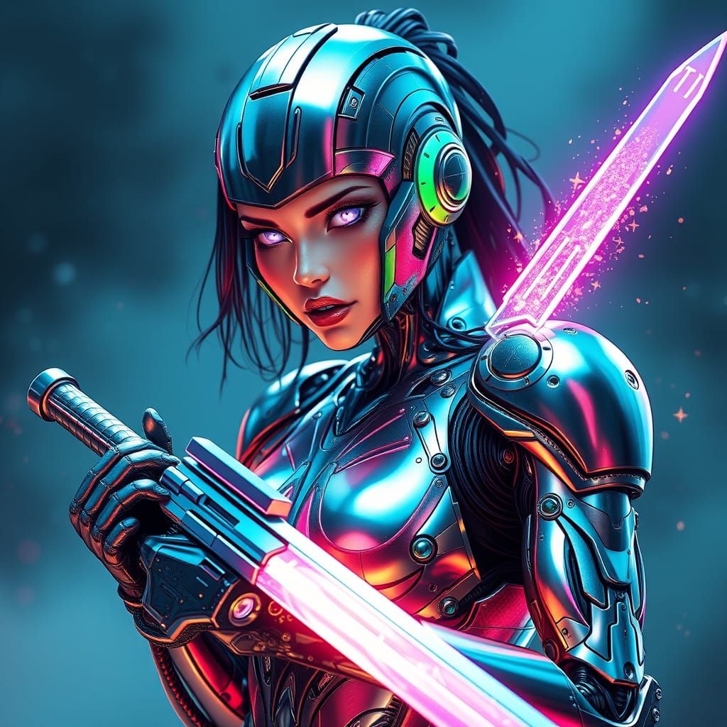 a cyborg woman with iridescent metal skin , her eyes glowing with neon ...