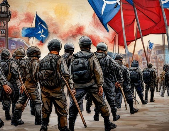 A masterfully detailed mixed media artwork portraying the NATO ...