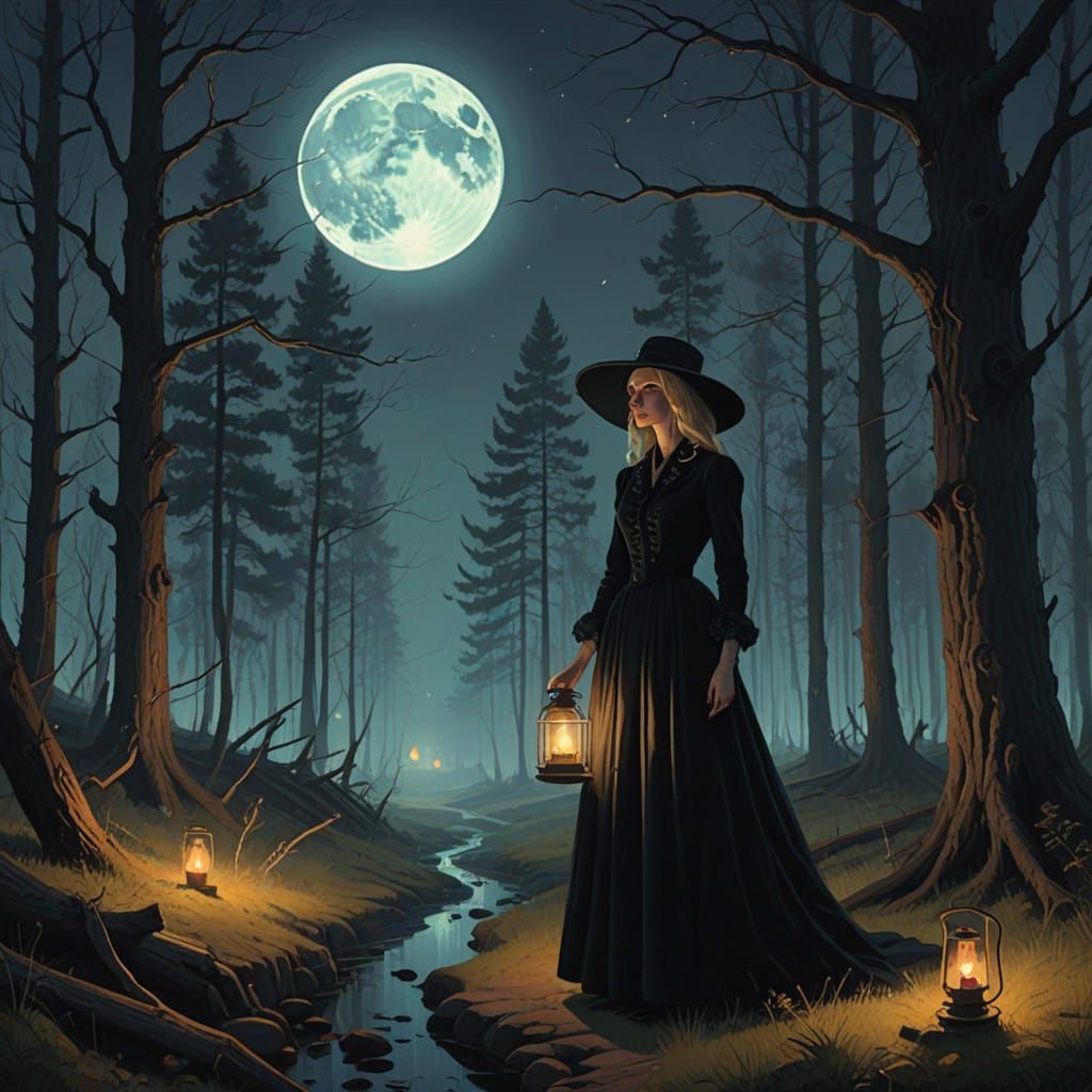 Classical Witch in Mystical Forest, Norman Rockwel... - AI Art