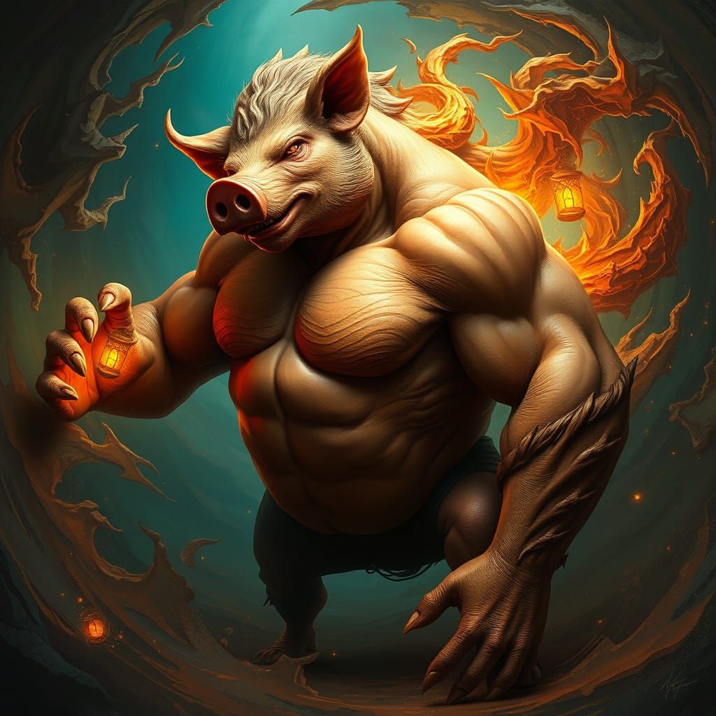 Majestic Warrior Pig Emerges from the Earth - AI Art