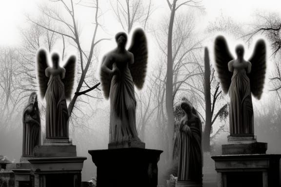 Angel statues stare at you in dark cemetery - AI Generated Artwork ...