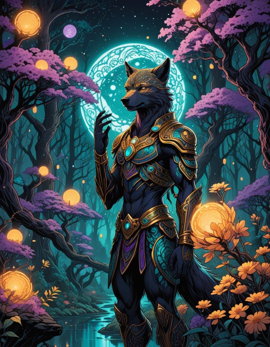 Epic Fantasy Wolf Warrior in Vibrant, Glowing Fant... - AI Art