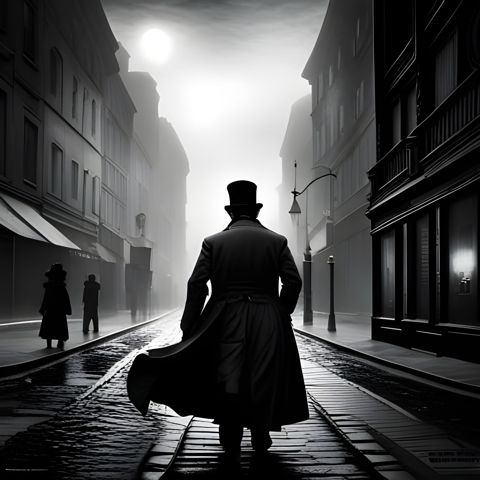 1880s misty London street, Jack the Ripper doffs his hat at a blonde ...