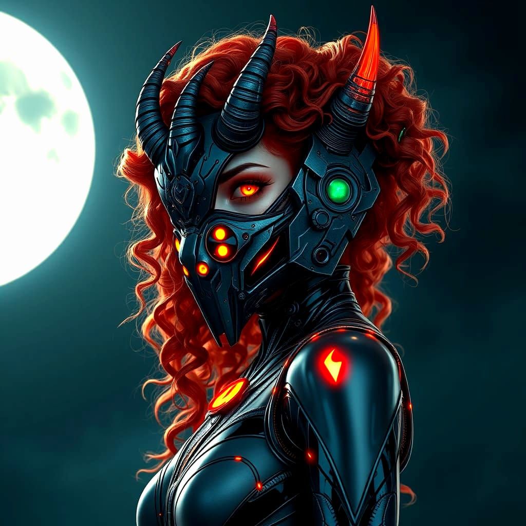Cyberpunk Goddess in Mechanical Demon Mask - AI Art