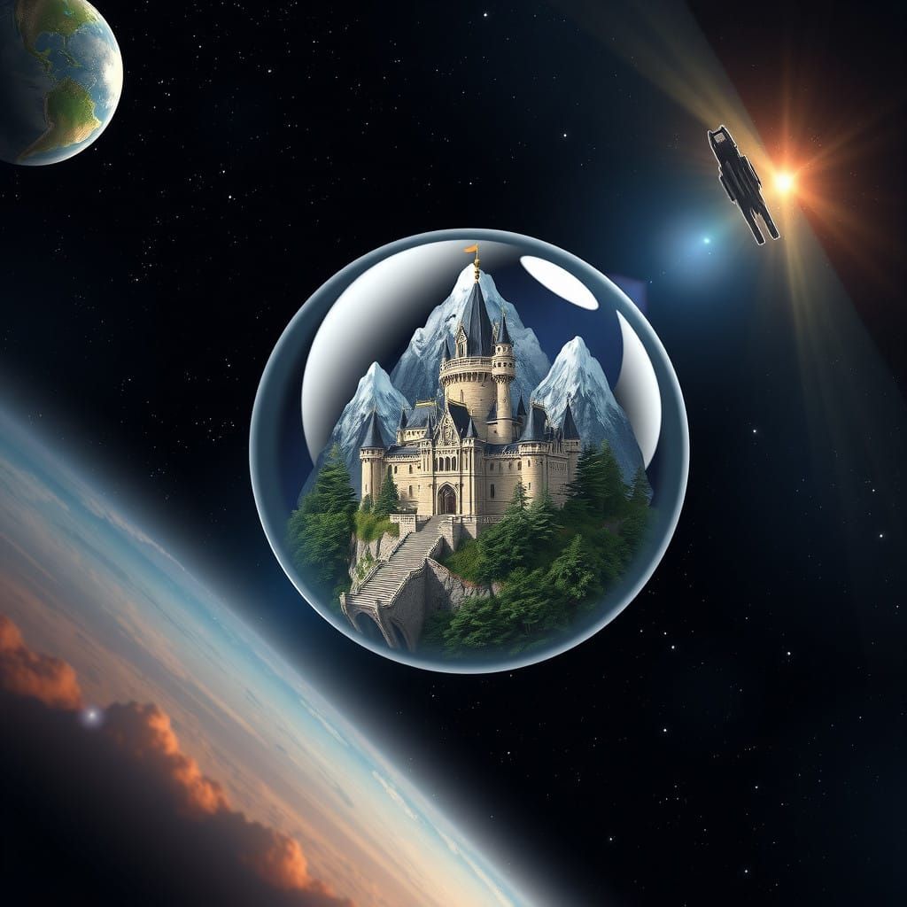 Enchanted Orb Castle in Cosmic Landscape - AI Art