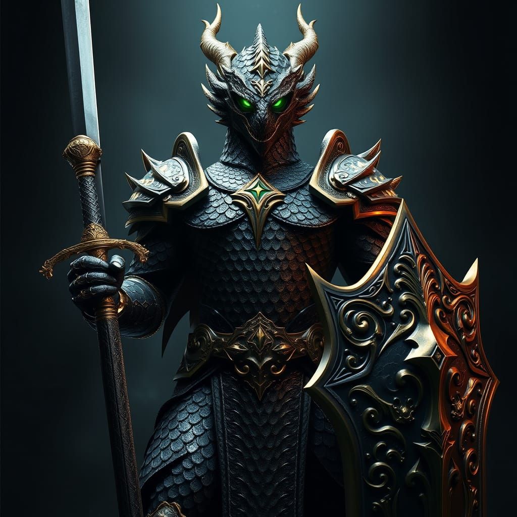 Heroic Dragonborn Warrior in Black Diamond Armor - AI Art