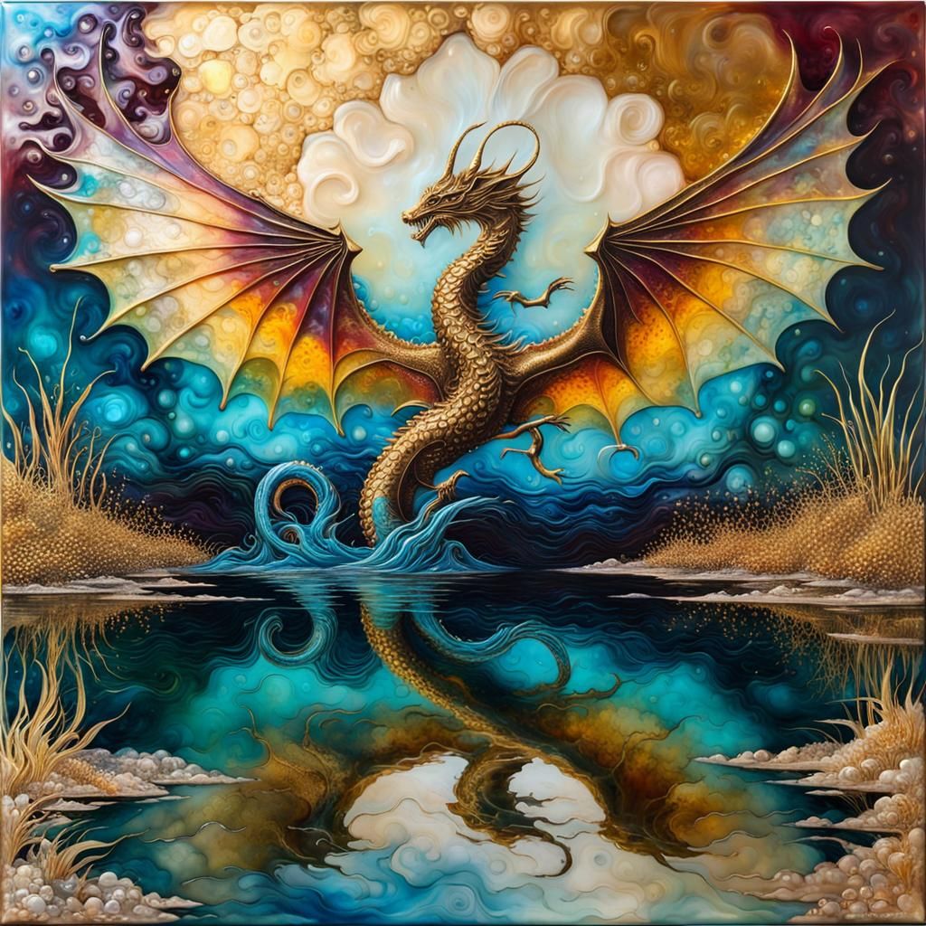 Beautiful encaustic painting of a dragon landing in a lake, Alcohol ink ...