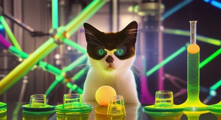 a "cat" mad scientist wearing yellow googles, playing at an impossible ...