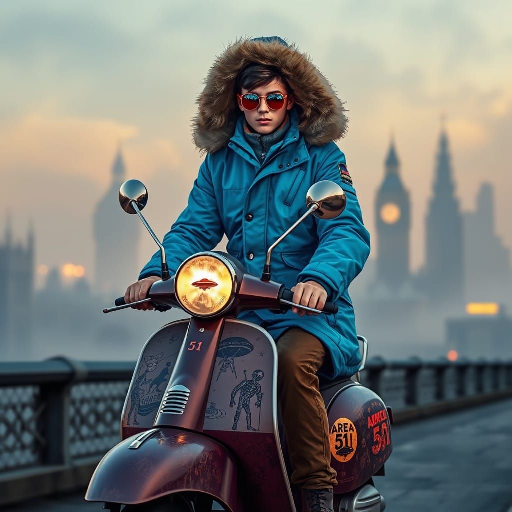 Mod wearing a parka on a mod scooter wrapped in "area 51" artwork