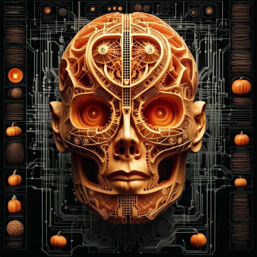 Carved Cyborg Pumpkin Schematic - AI Generated Artwork - NightCafe Creator