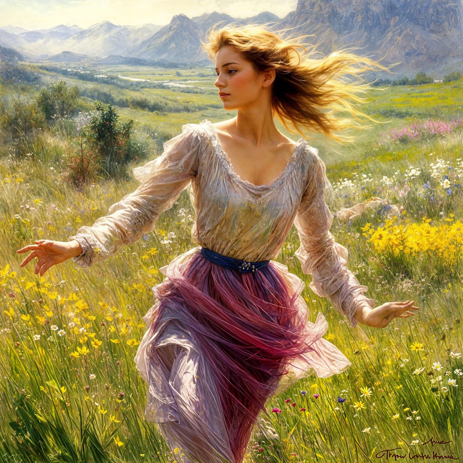 Spring, dancer, meadow, merry, maquette, INTENSE triadic colors, HYPERDETAILED, INTRICATE, BY ...