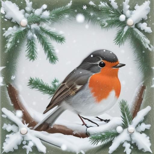 Cute Robin sitting in a christmas tree with snow - AI Generated Artwork ...