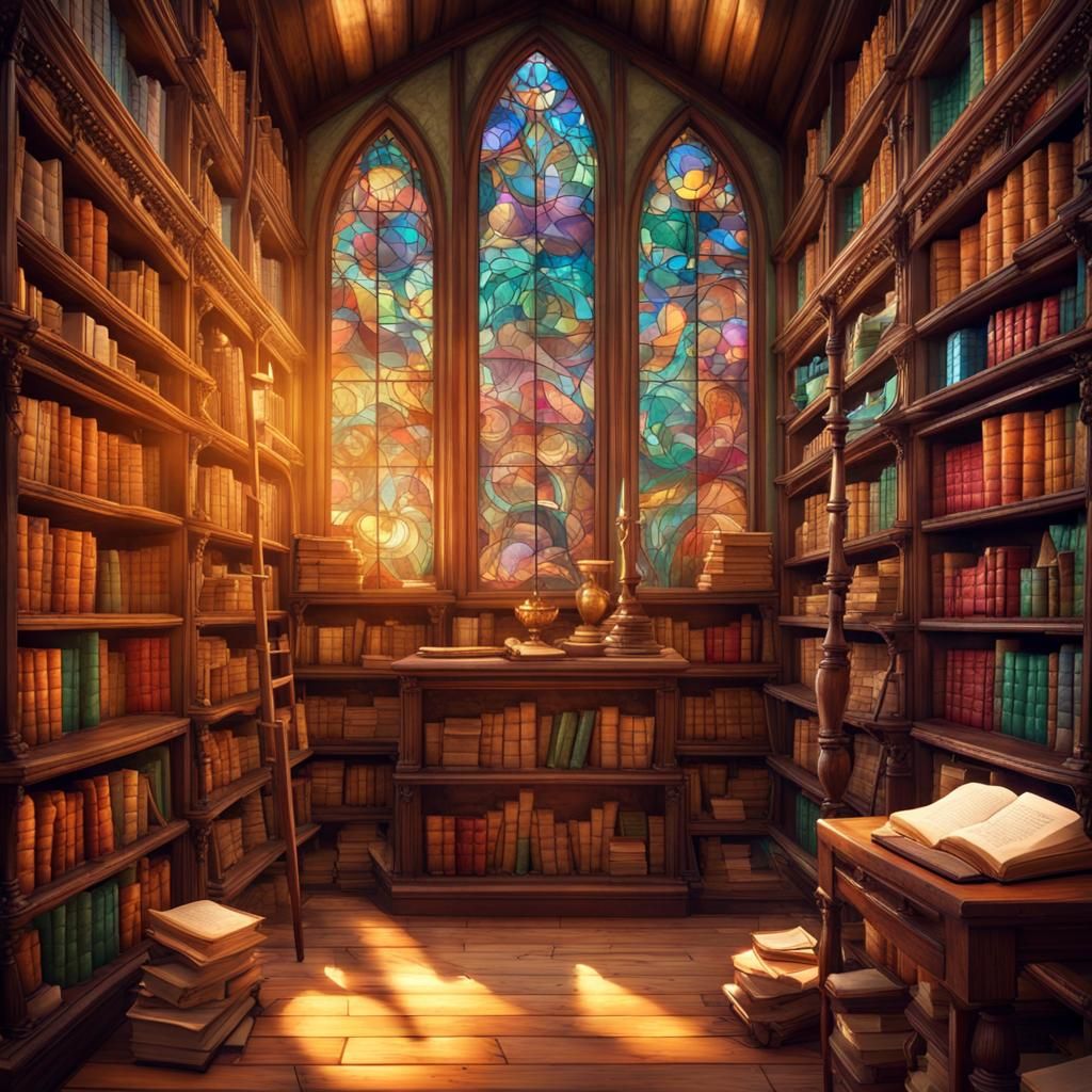 an old magical library with wooden shelves and large stained glass ...