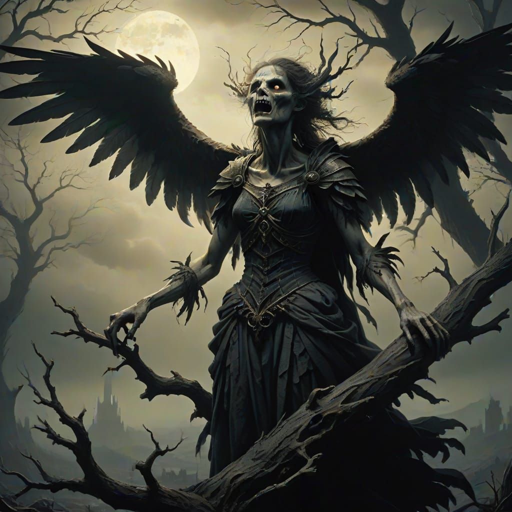 Gothic Harpy Goddess in Dark Fantasy Illustration - AI Art