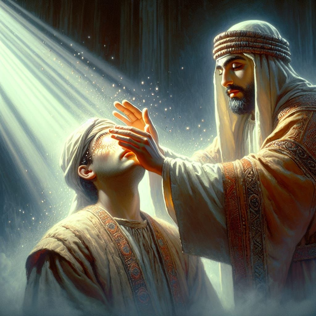Ananias prays over Saul of Tarsis and gives him new sight (Acts 9:17)