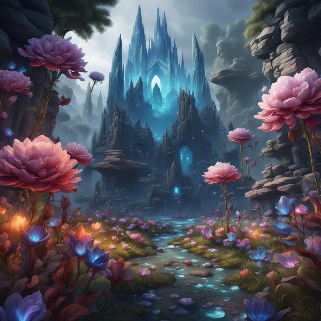 crystal flowers detailed matte painting, deep color, fantastical ...