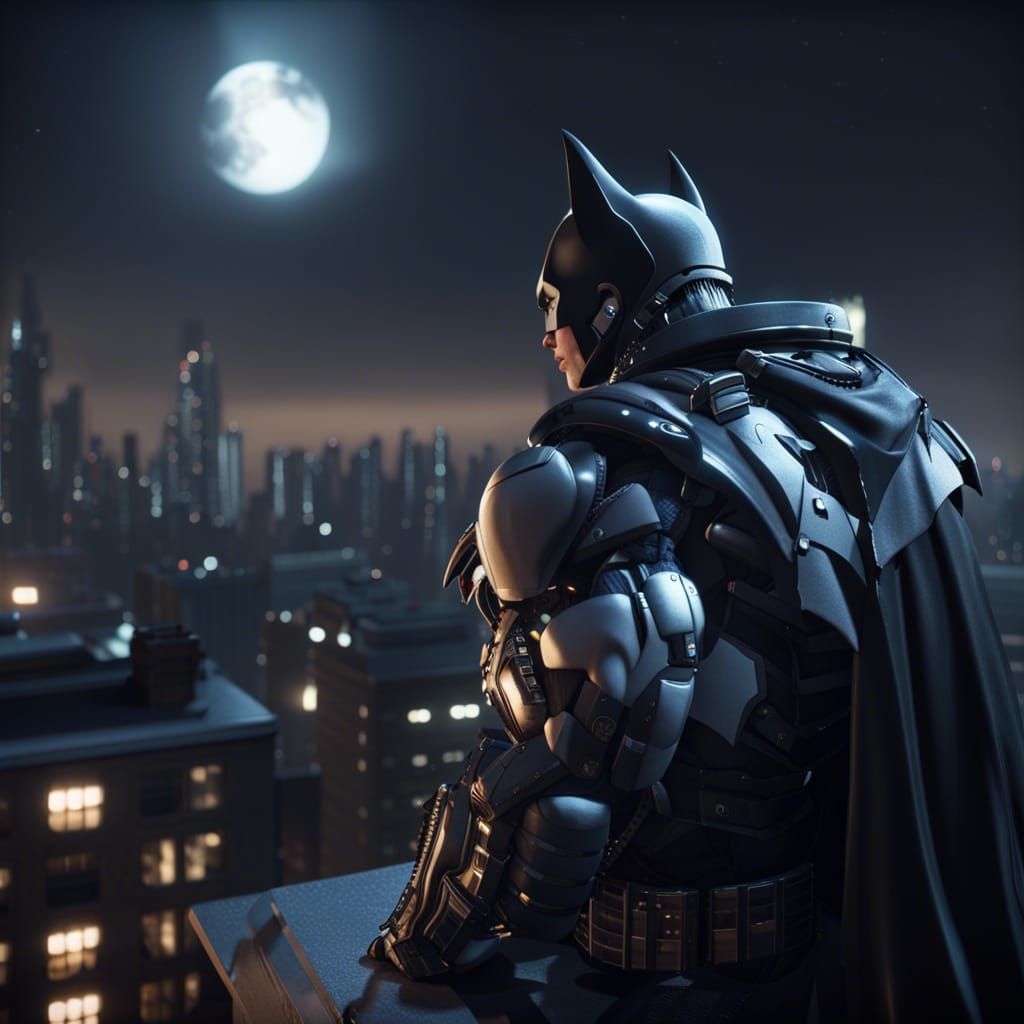 Cyborg Batman watches Gotham from a rooftop under a full moon. - AI ...
