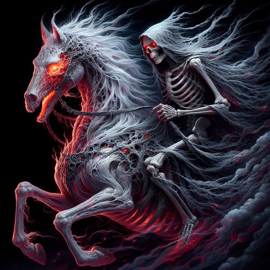 Skeleton wraith riding on the back of a white ghost horse with red ...