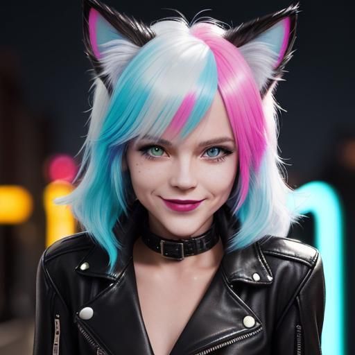 Cheyenne Goss , 4k tiny cat ears woman, neon hair, black leather jacket ...