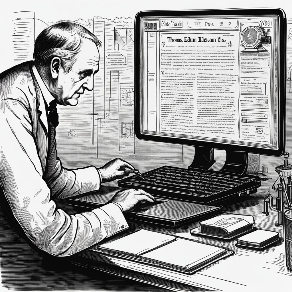 Thomas Edison designing a Website on a modern laptop. The computer ...
