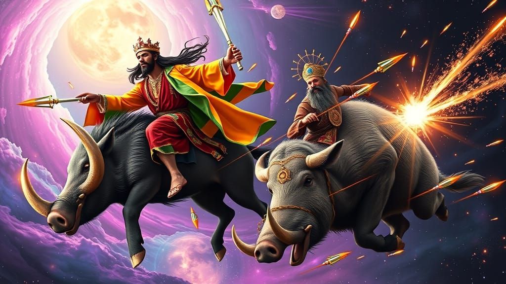 Regal Jesus Christ and Allah Engage in Cosmic Duel - AI Art