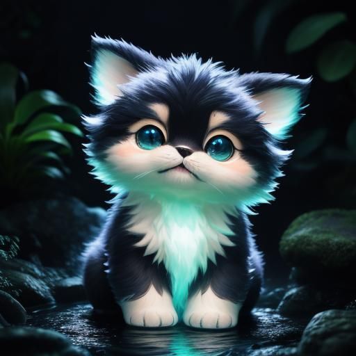 adorable cute chibi baby furry Puppy with a bioluminescent Waterfall in ...