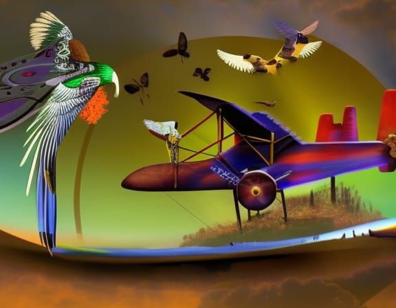 steampunk airplanes fly in ololiqui DMT vine forest looking for an ...