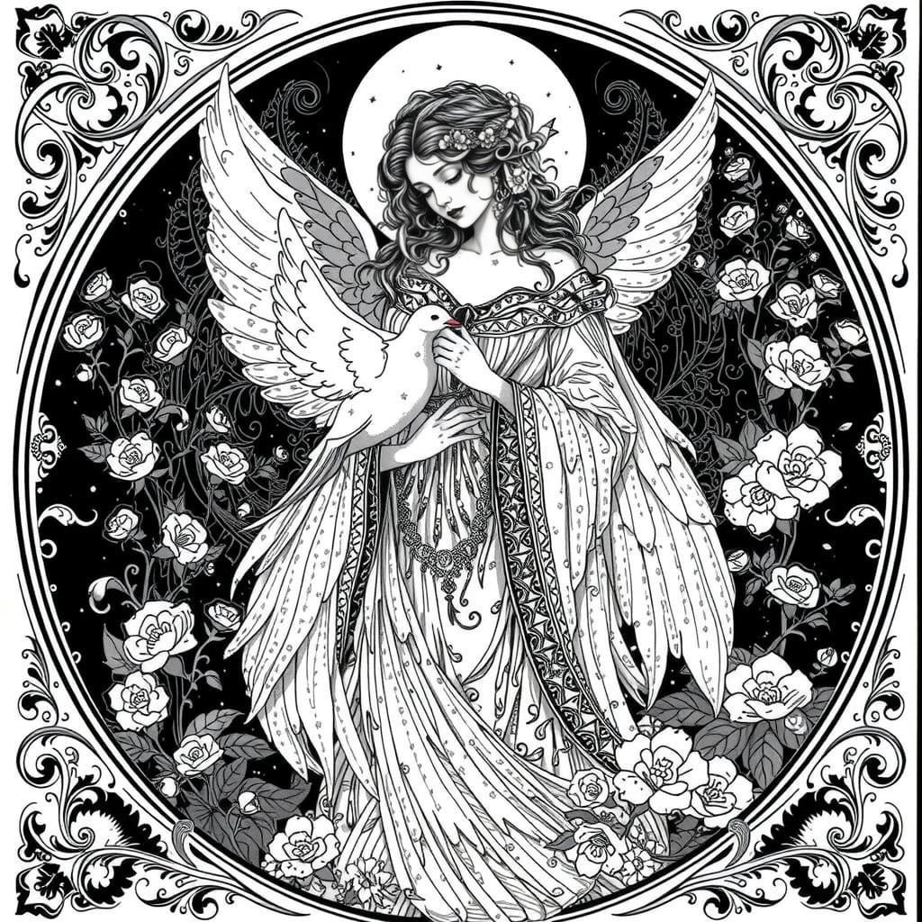 Dove Goddess with her Bird, Black and White Art Nouveau Style