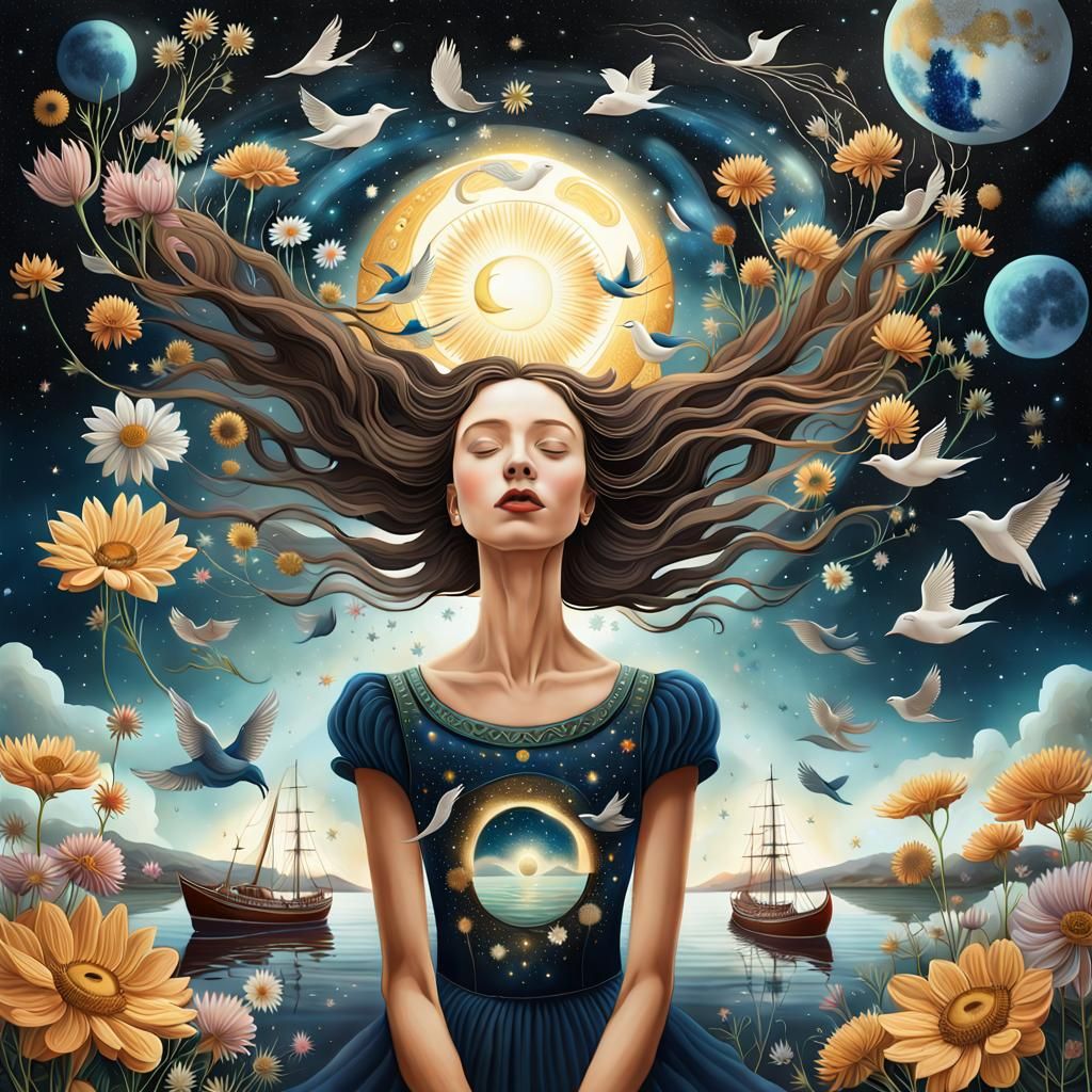 A mesmerizing, highly detailed surrealist art piece featuring a woman ...