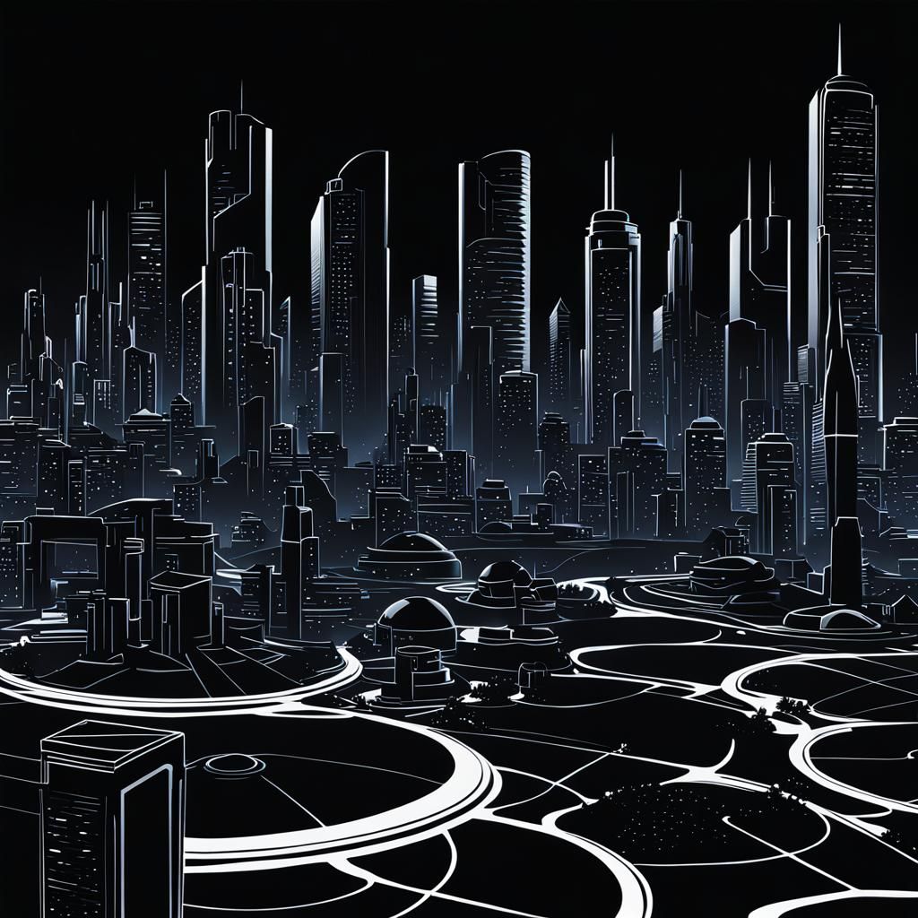a simplistic background image of a futuristic city that's mostly black ...