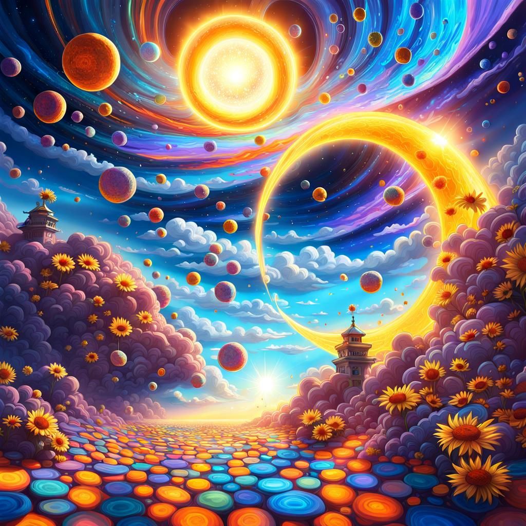 Time swirreling suns eclipse twisting moons in sunshine rays - AI ...