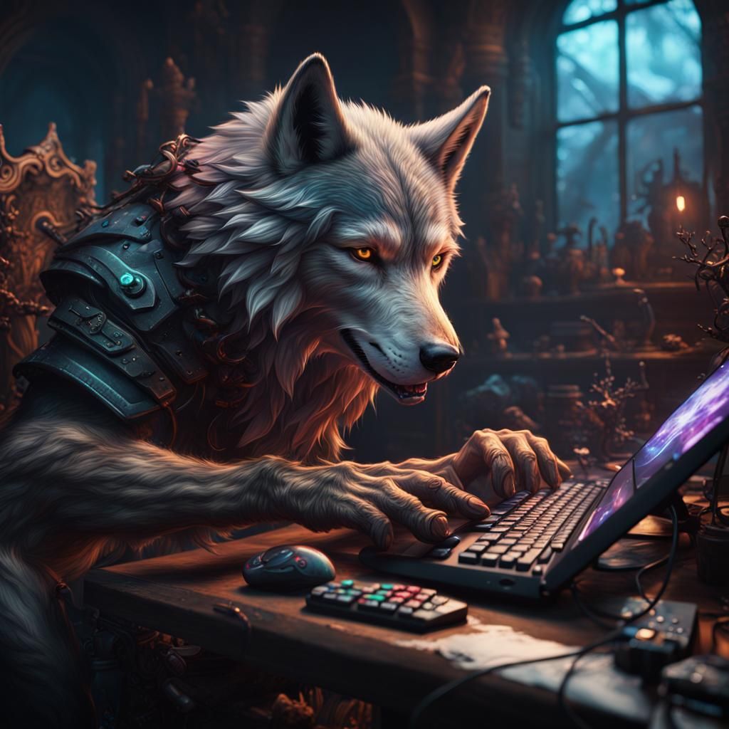 wolf playing computer games - AI Generated Artwork - NightCafe Creator