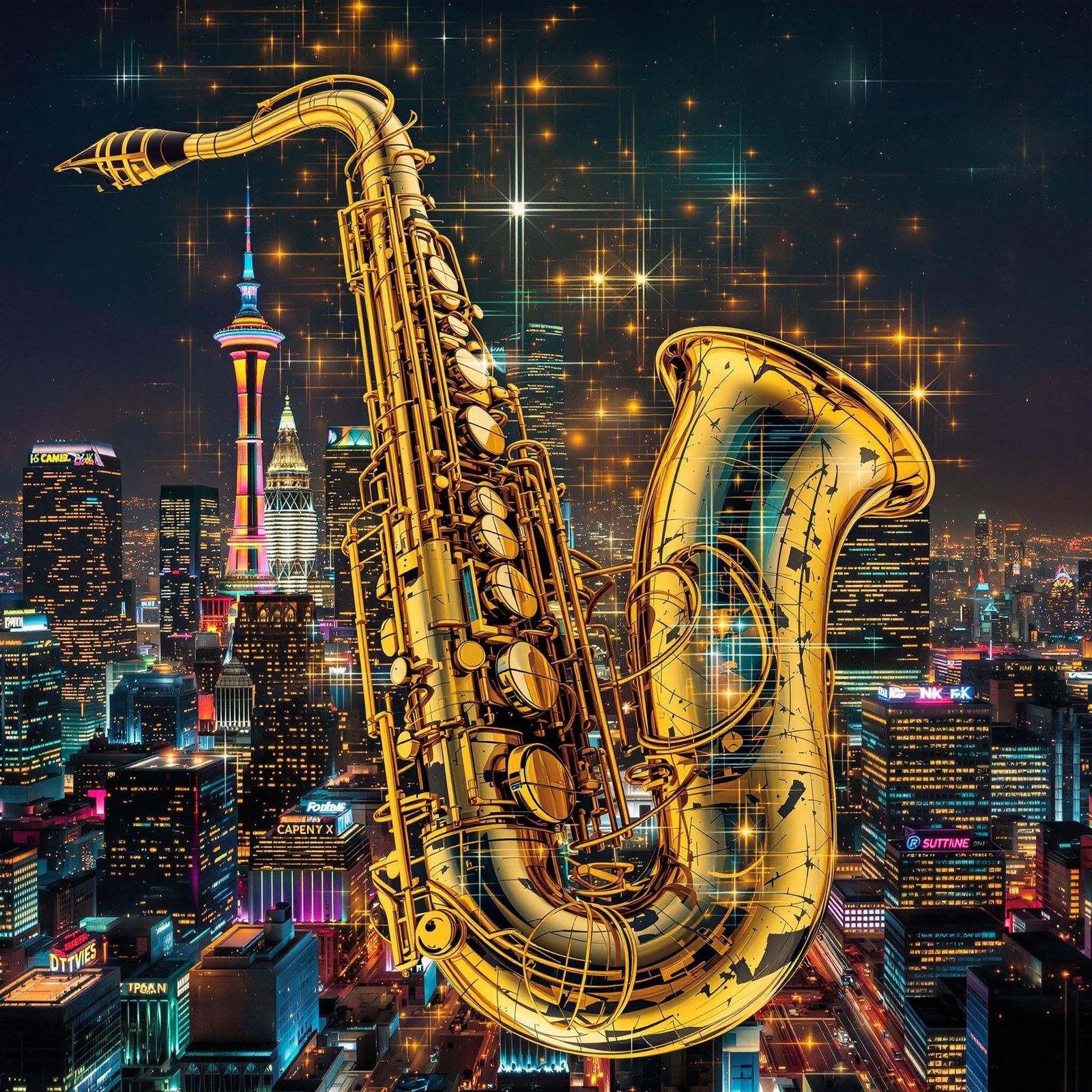 Double exposure, skyline at night and saxophone, lights of the city ...