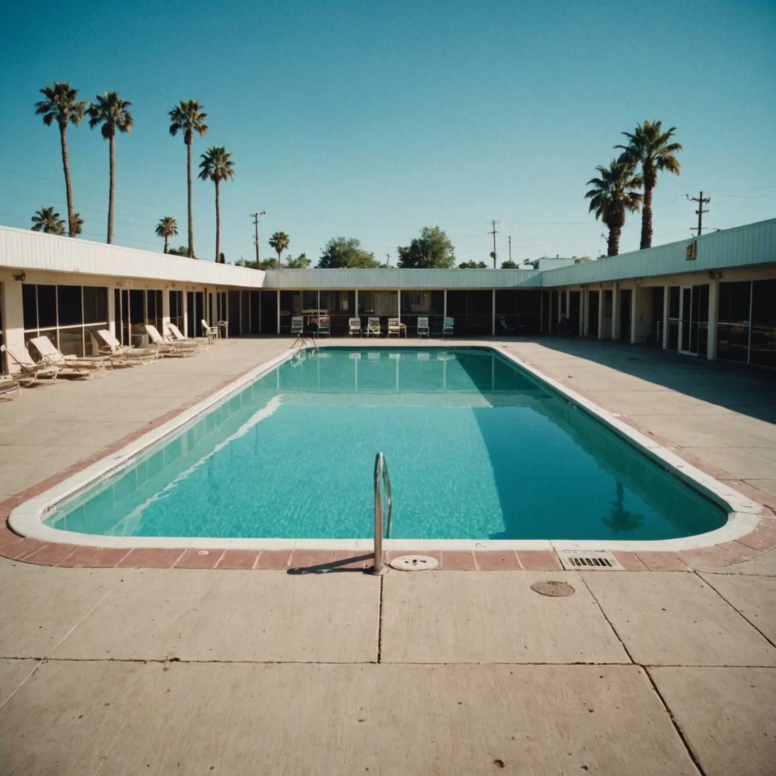 Kodak disposable camera photo of a motel pool, style by stephen shore ...