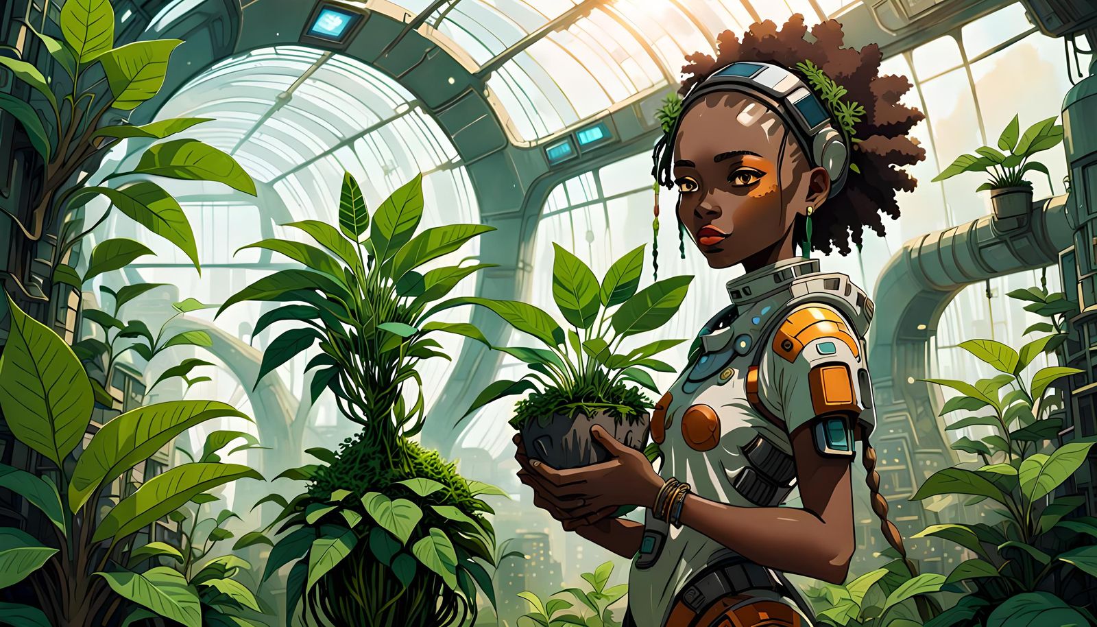 Ghibli art Solarpunk future in high-tech, African woman holding plant ...