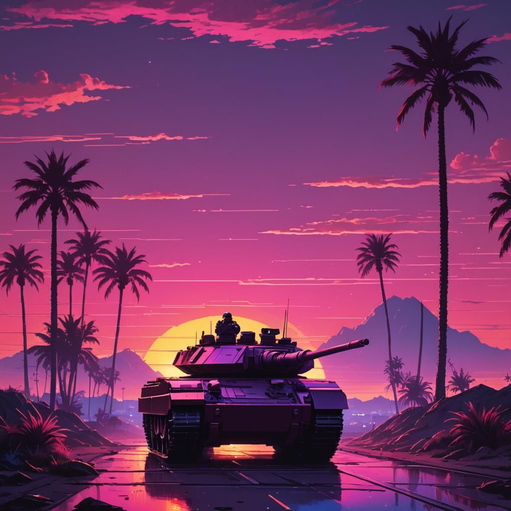 Synthwave Bradley Tank and sunset - AI Generated Artwork - NightCafe Creator