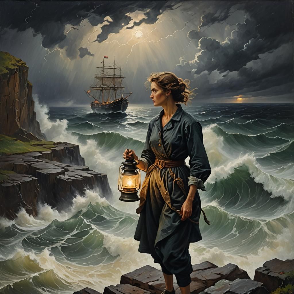 woman standing on a cliff holding a guiding lantern in the dark stormy weather - AI Generated ...