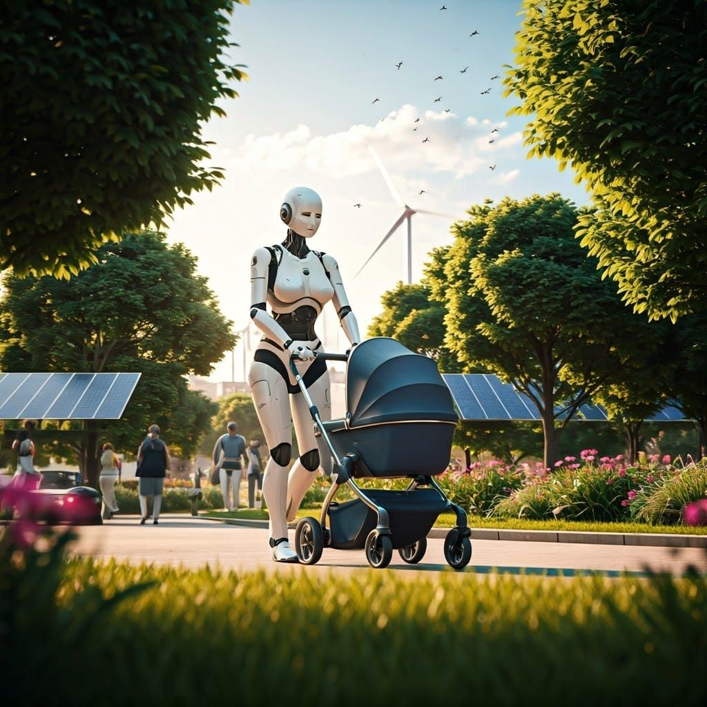 Solarpunk nanny - Solarpunk Utopia: A Robot Nanny Strolls in...