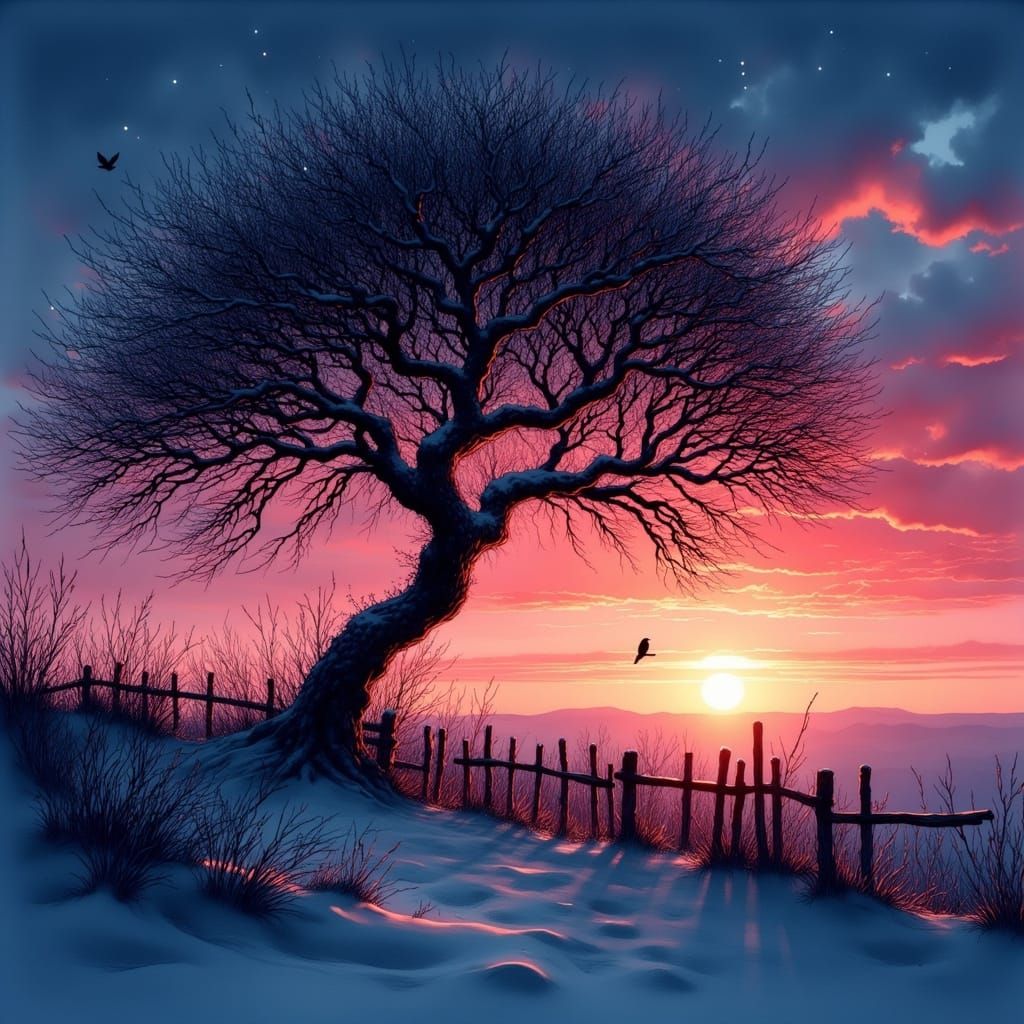 Winter tree - Majestic Winter Tree Silhouetted Against Vibra...