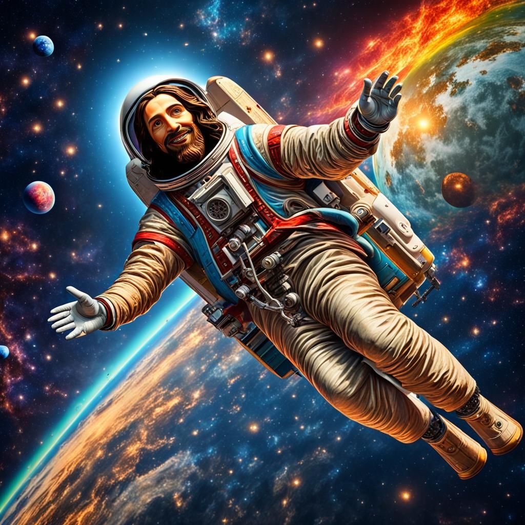 Jesus Christ on a rocket riding into space smiling. Flying through ...