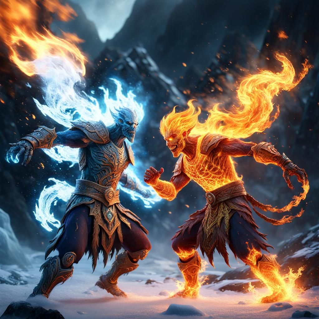 Fire and ice spirit battling - AI Generated Artwork - NightCafe Creator