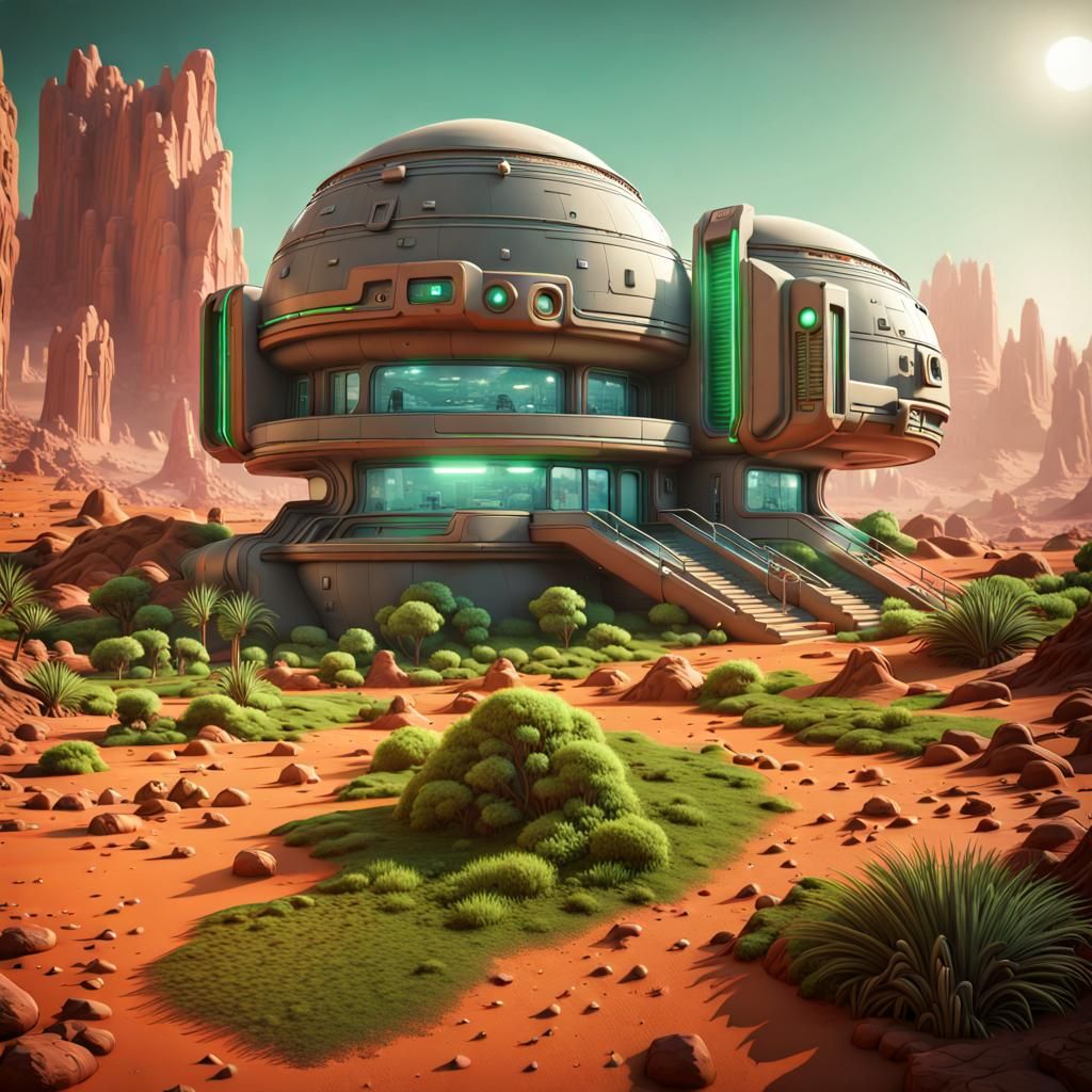 " human colony on Mars with retro futuristic building , bright vibrant ...