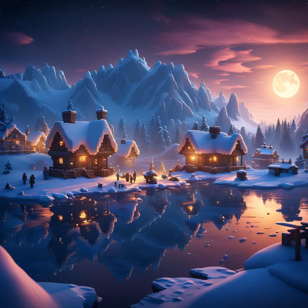 small minecraft village at a frozen lake, in the night - AI Generated ...